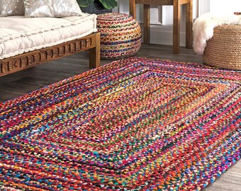 Hand Braided Bohemian Colorful Cotton Chindi Area Rug Multi - Etsy