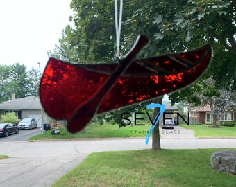 Canoe by a River Fall Landscape, Stained Glass Mosaic Hybrid Panel for ...