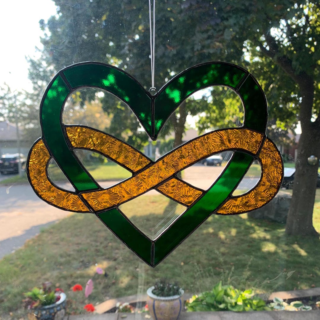 Infinity Heart Stained Glass Suncatcher in Green and Textured Gold ...