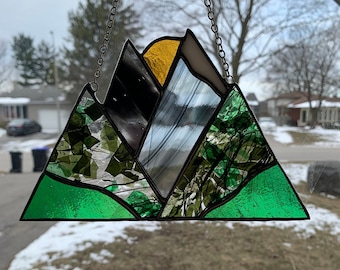 Stained Glass Mountain Window, Handmade Window Decor, Utah Mountains v ...