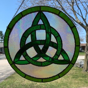 Celtic Knot Stained Glass Window Art, in Greens and Iridescent Textured ...