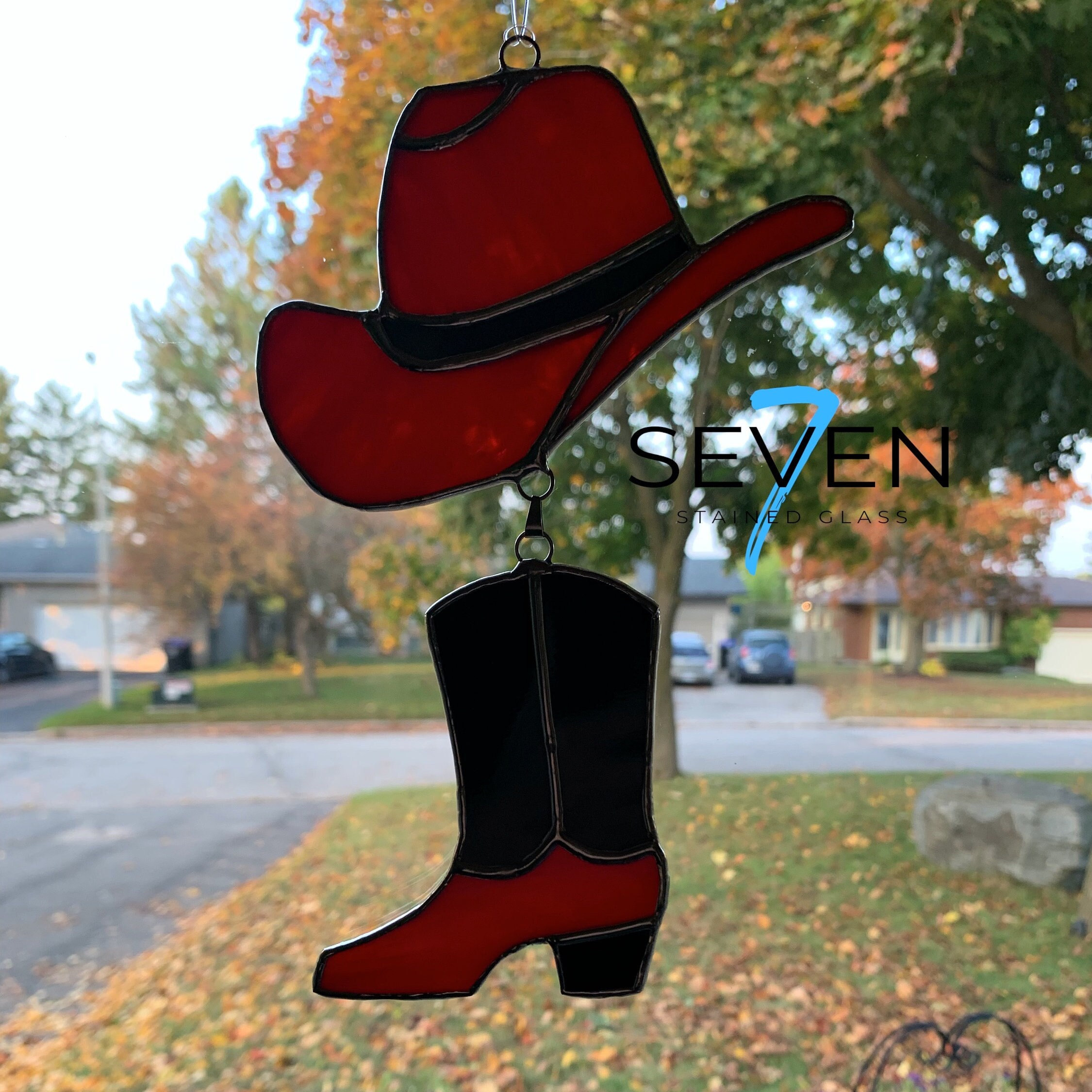 Stained Glass Cowboy Hat and Boot, Country Glass Ornament in Red and ...