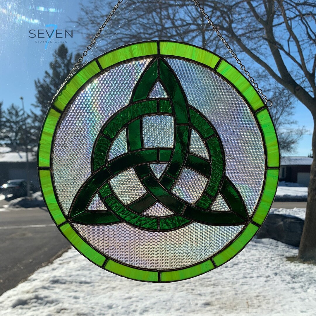 Celtic Knot Stained Glass Window Art, in Greens and Iridescent Textured ...