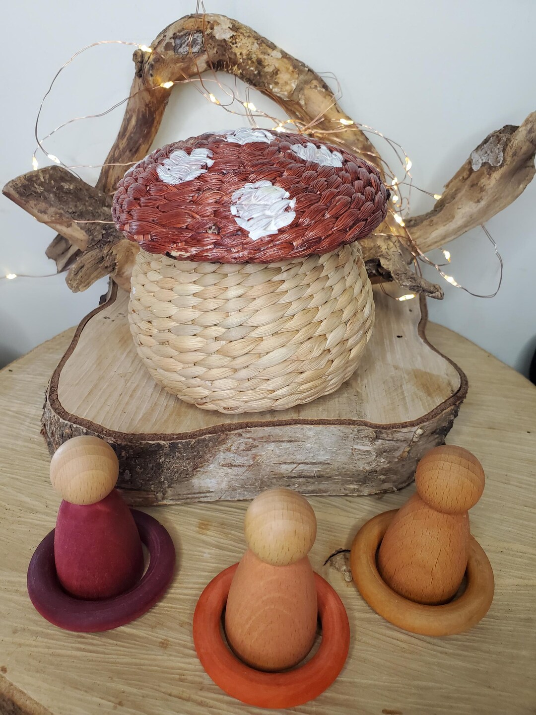 Peg Doll People With Wooden Ring Stackers in a Cute Mushroom Storage ...