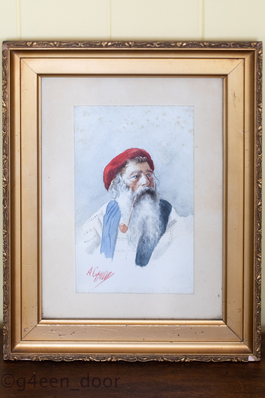 Original Watercolour Painting of Old Man With Pipe in Gilt Frame - Etsy