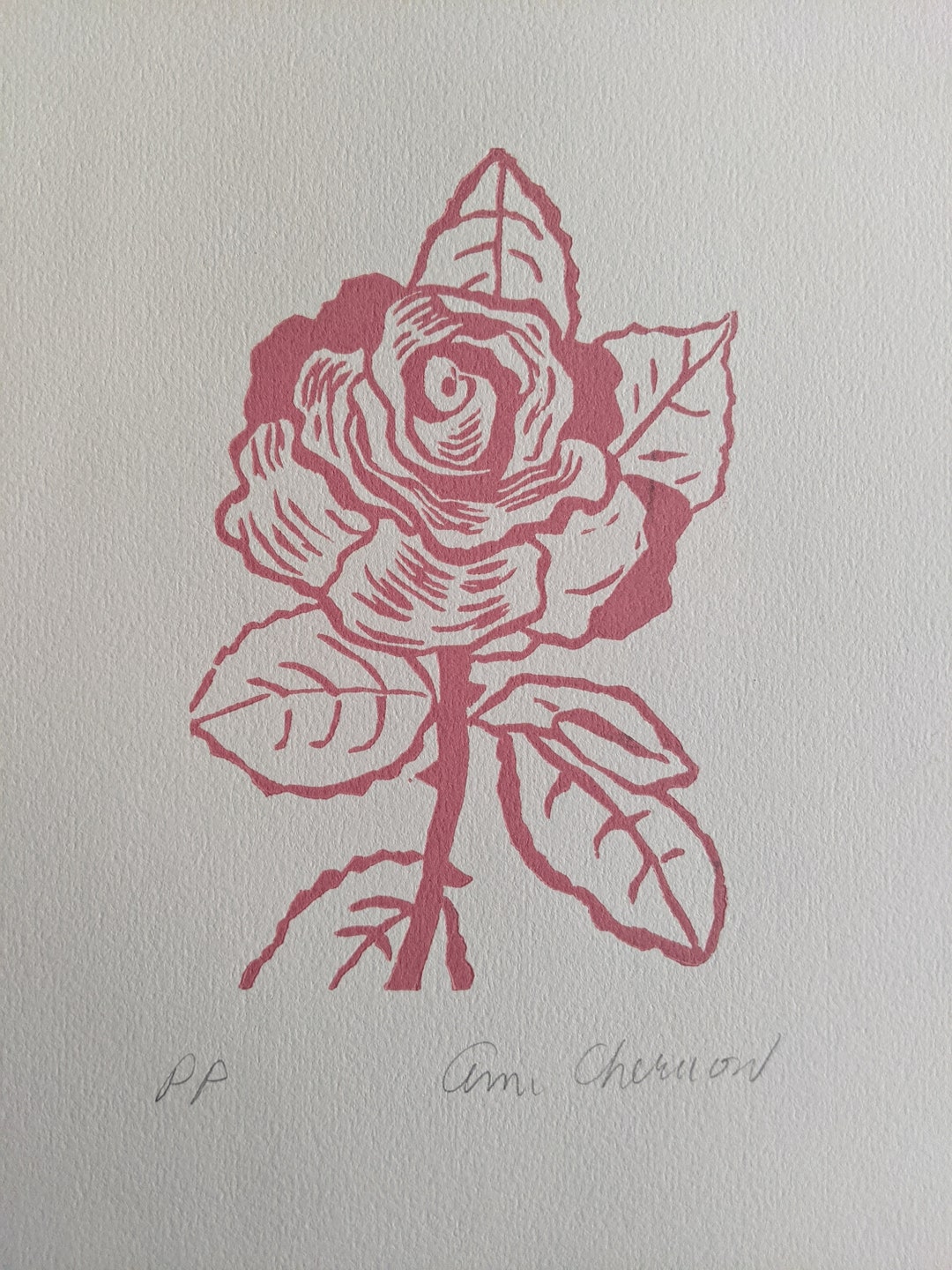 Linocut Print of Pink Rose / Modern Botanical Wall Art / Vintage Floral ...