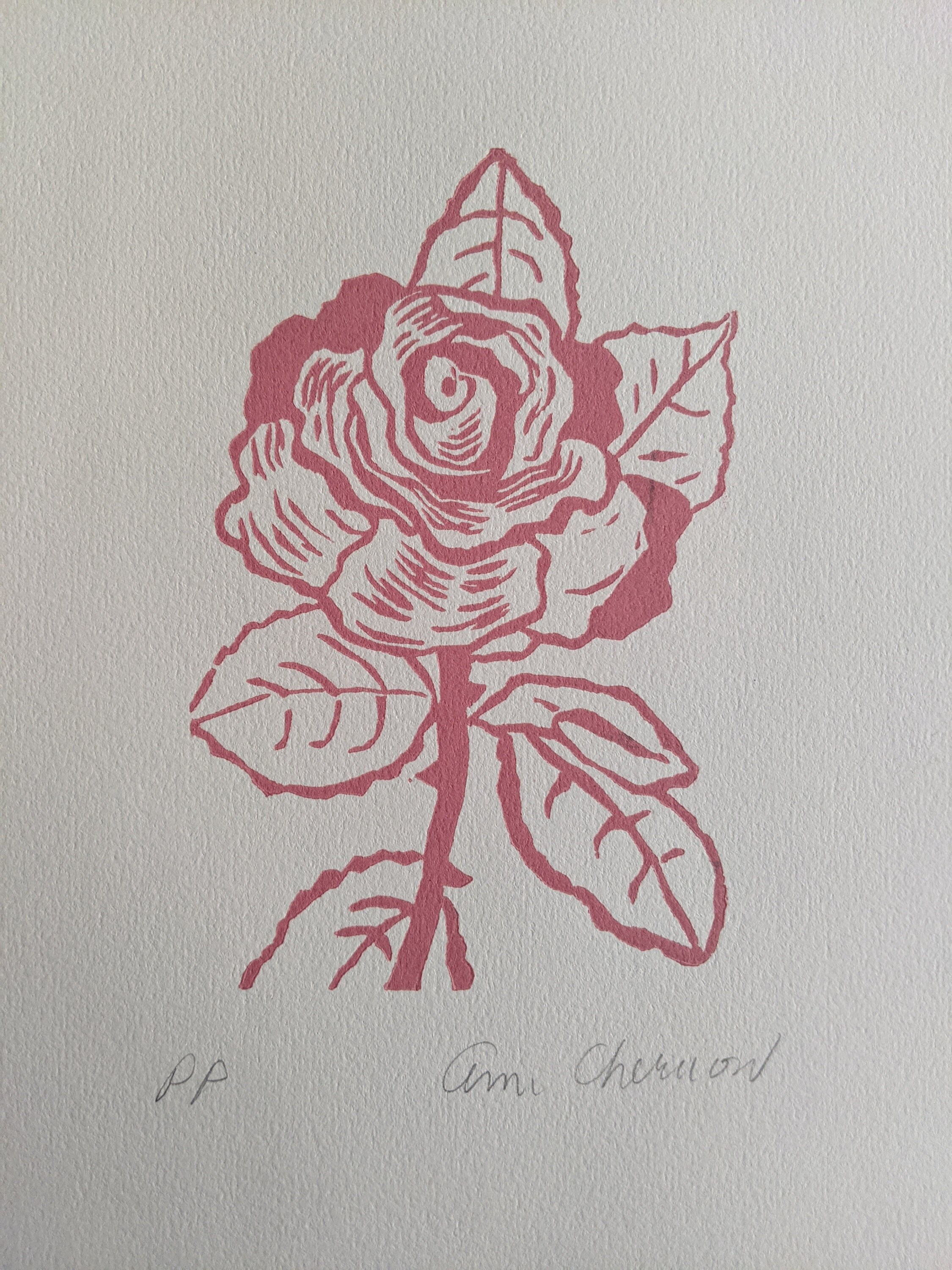 Linocut Print of Pink Rose / Modern Botanical Wall Art / Vintage Floral ...