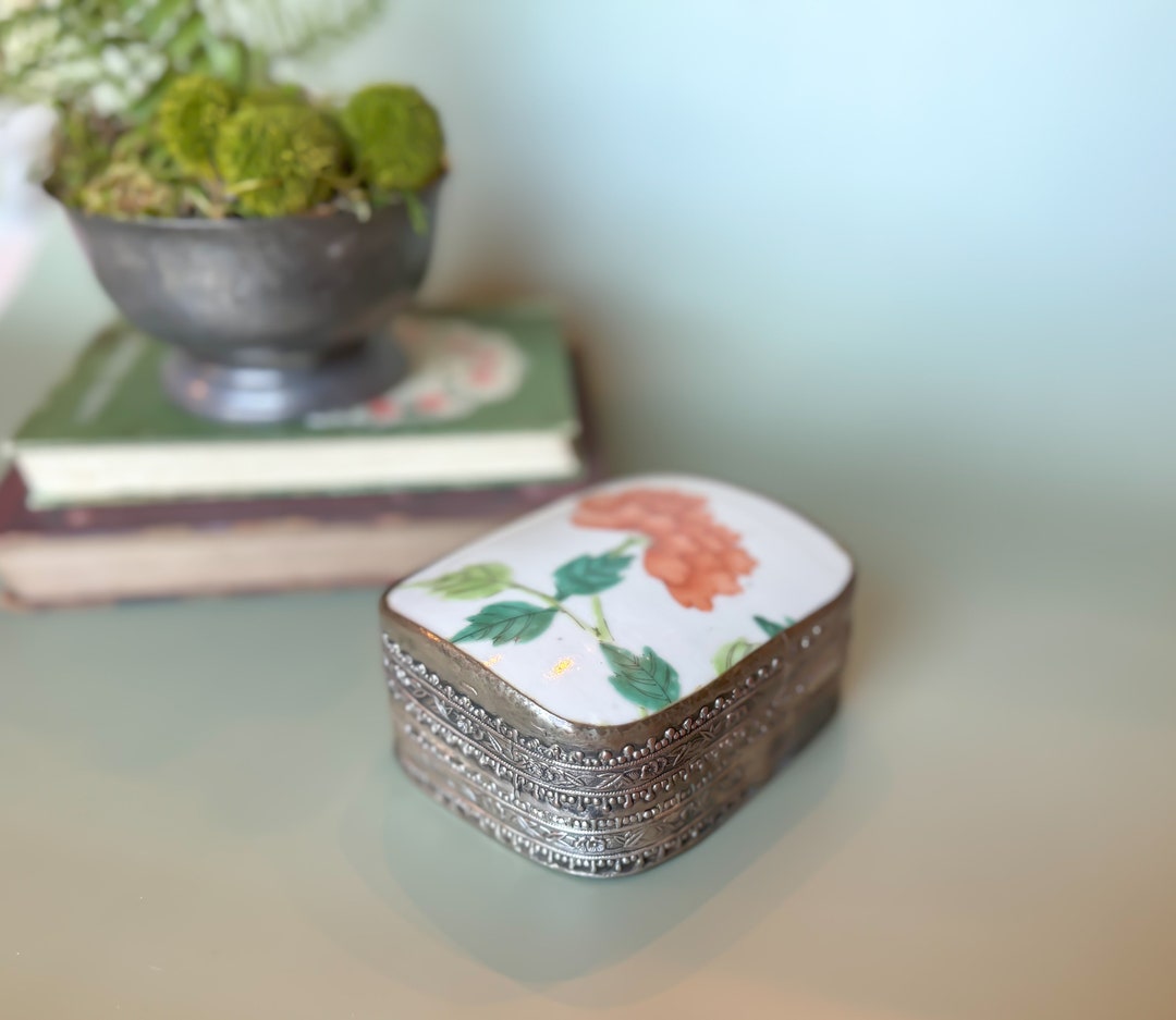 Vintage Shard Box Porcelain Pottery Lidded Box Embossed Metal Floral ...