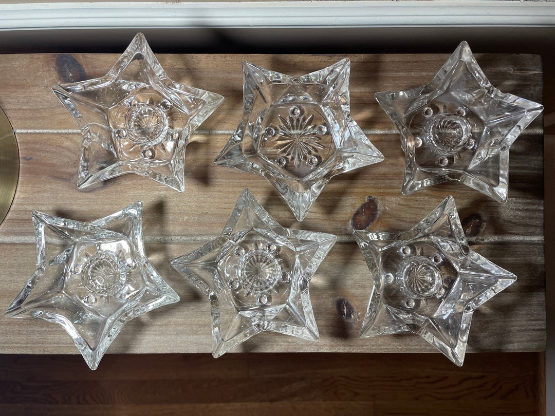 Vintage Hazel Atlas Clear Pressed Glass Star Candle Holders Set of 6 ...