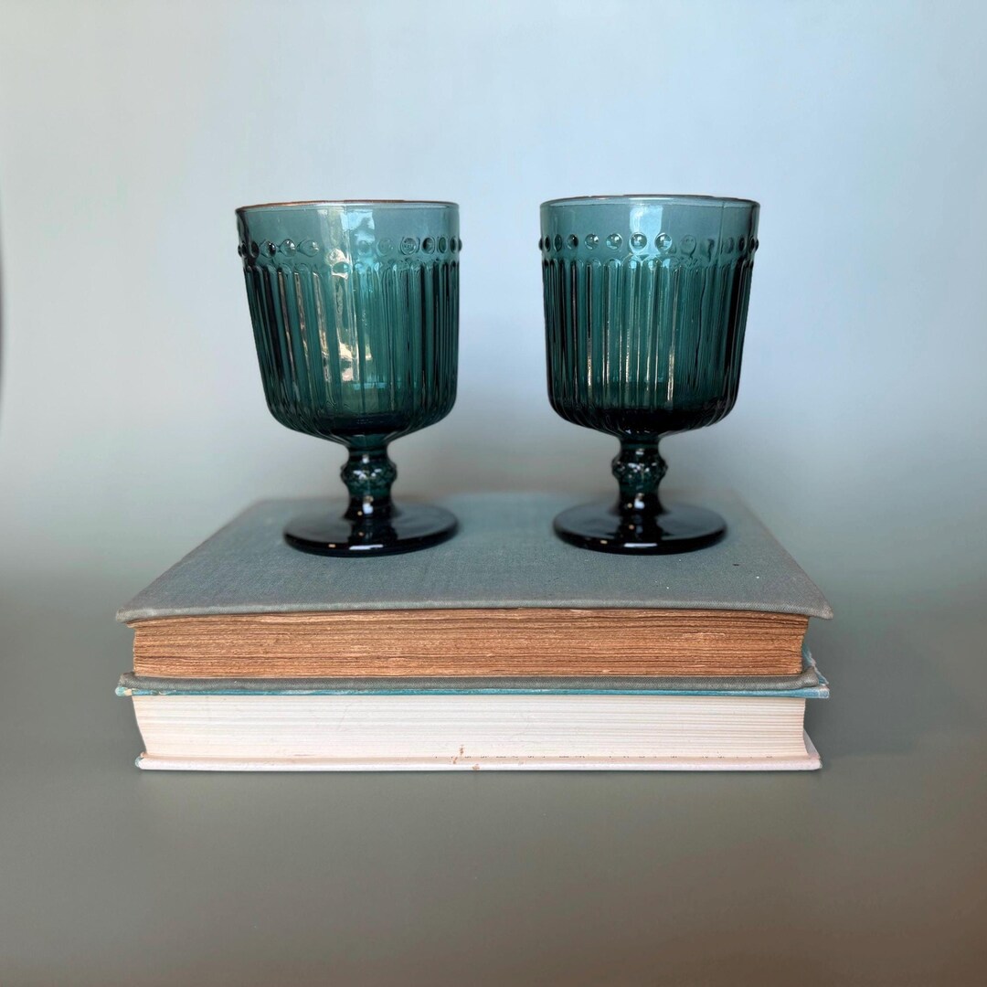 Vintage Teal Wine Goblet Glasses Bar Glasses Ribbed Gold Trim Set of 2 ...