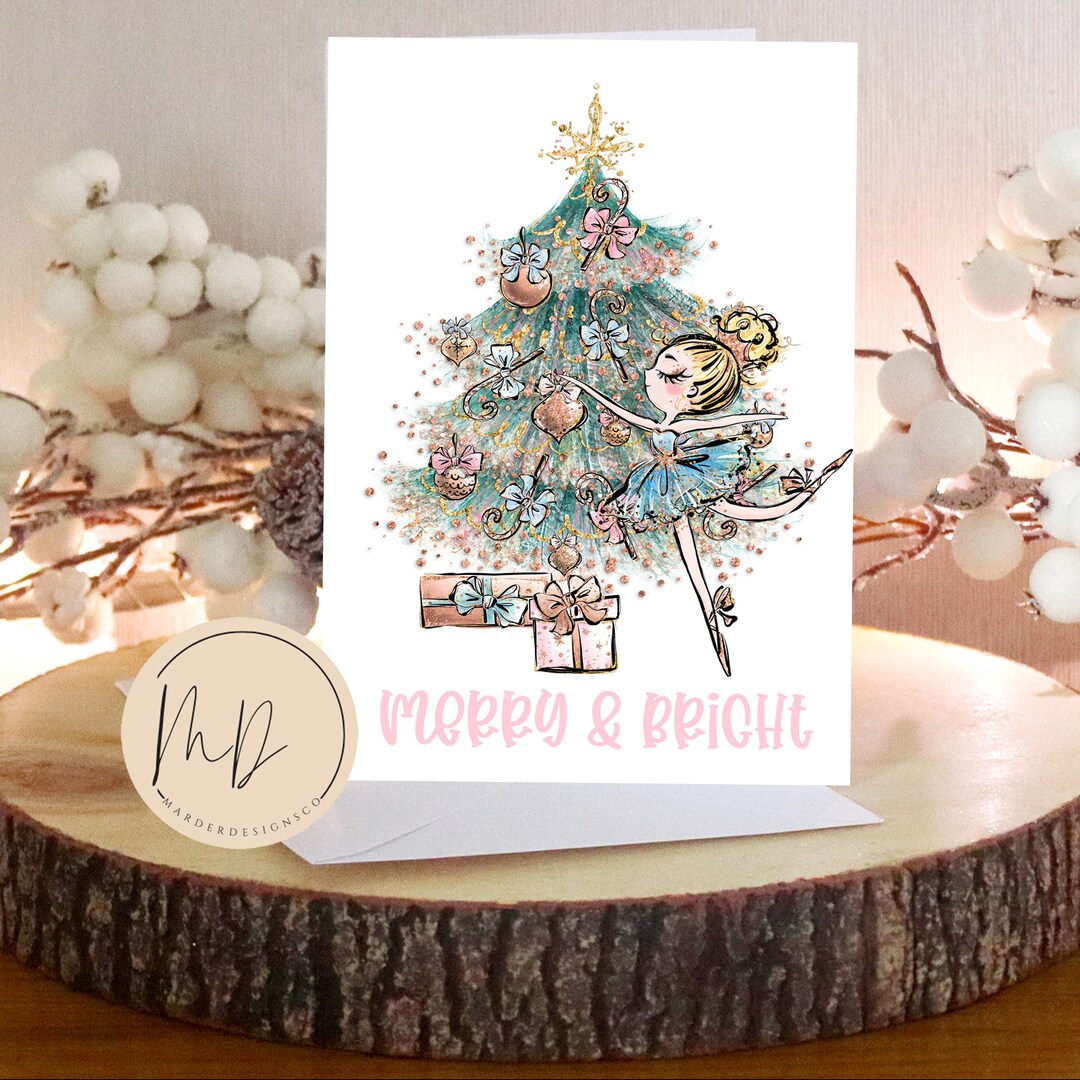 Merry and Bright Printable Christmas Card, Blank Christmas Card, Pink ...