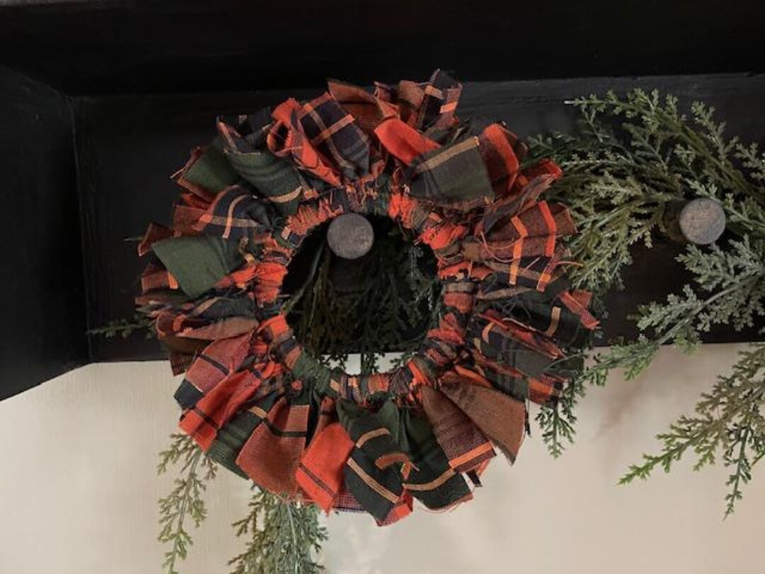 Marigold Plaid Mini Rag Wreath - 2 Sizes / Primitive Mini Rag Wreaths ...