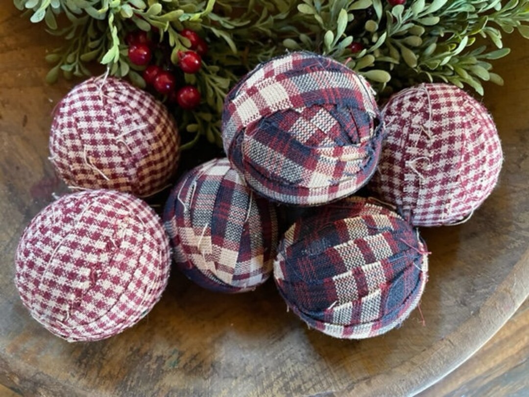 Navy Burgundy Homespun Rag Ball 2 Set of 6 / Rag Ball Bowl Filler ...