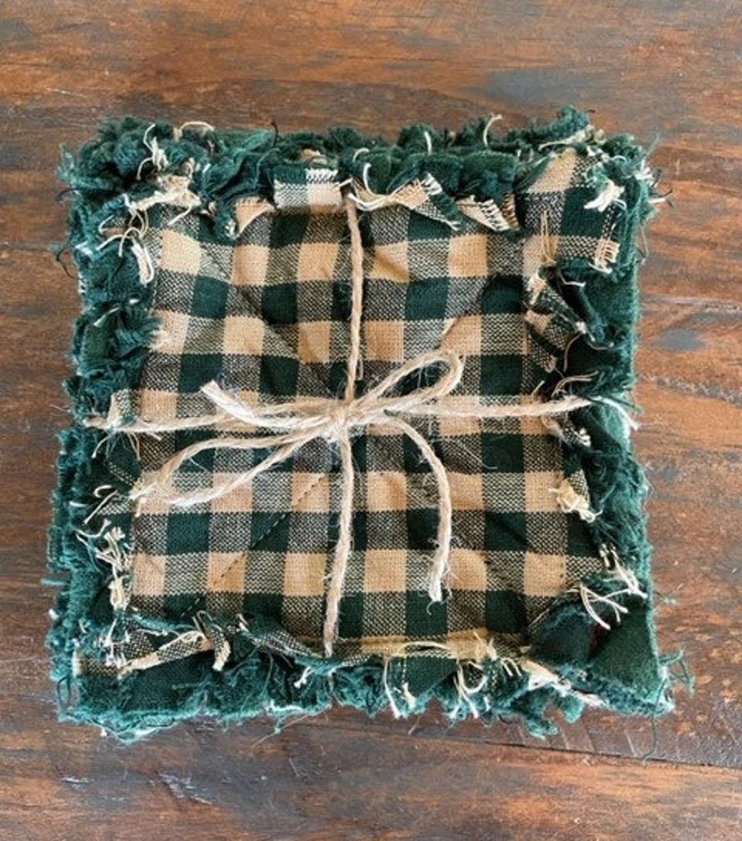 Pine Green Check Homespun Rag Coaster - Set of 4 / Primitive Mug ...