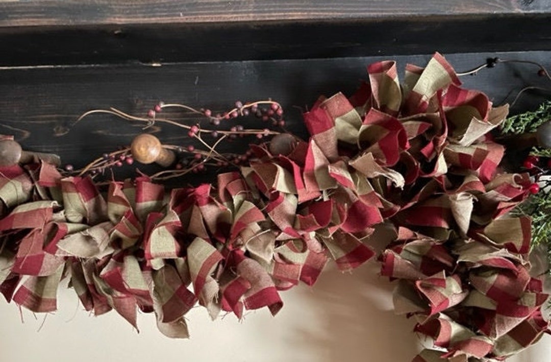 Red Tea Dye Homespun Rag Garland 4' / Farmhouse Rag Garland / Primitive ...