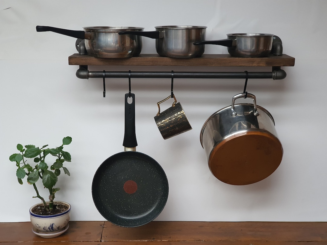 Pot Rack With Wooden Shelf# Wall Mount# Cast Iron and Reclaimed Wood ...