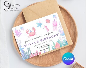 EDITABLE Canva Template, Girls Mermaid Theme, Party Digital Invitation ...