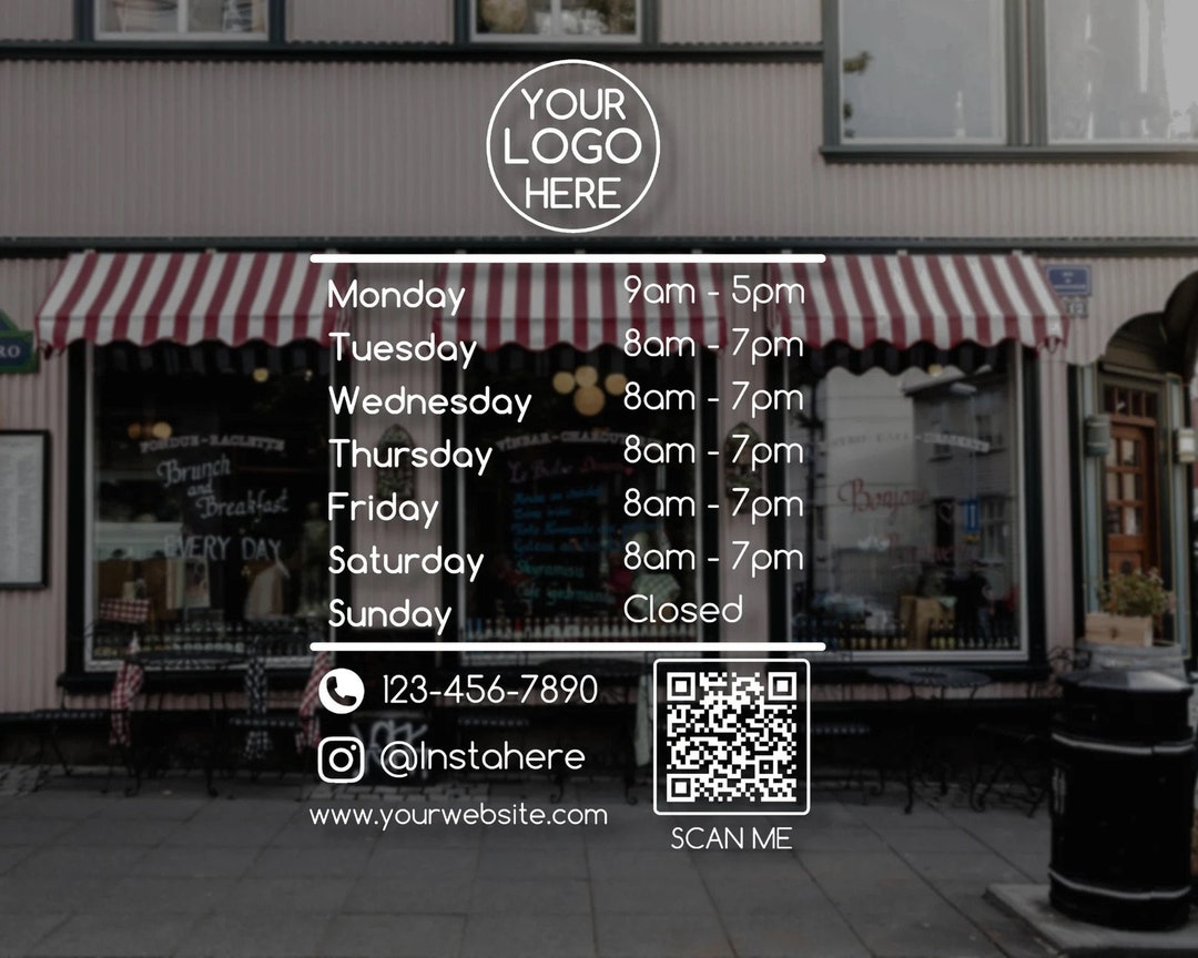 Business Hours Window Decal, Custom Storefront Sign, Personalized ...