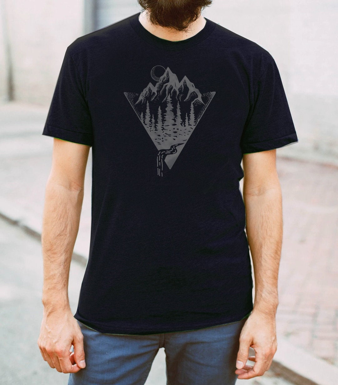 Mens Graphic Tees Retro Mountains and Pines Nature Tshirt Hand Drawing ...