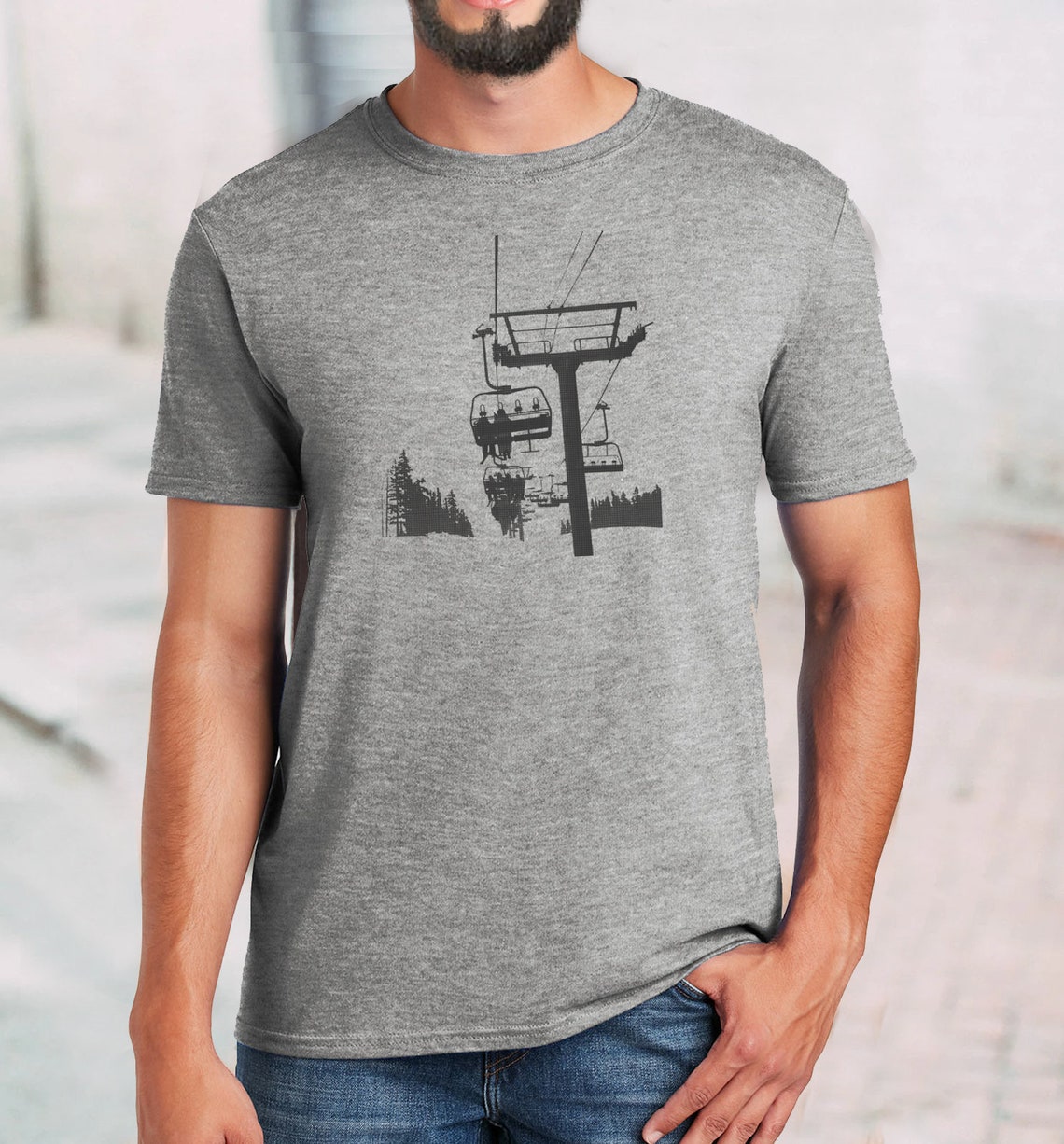 Mens Cotton T-shirt Ski Lift Nature Tee Chair Lift Sport Grey Skiing ...