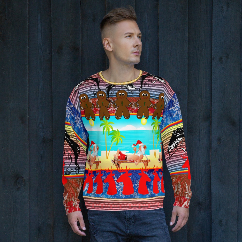 Ugly Christmas Sweater Men Funny. Beach Santa, Reindeer,gingerbread Men ...