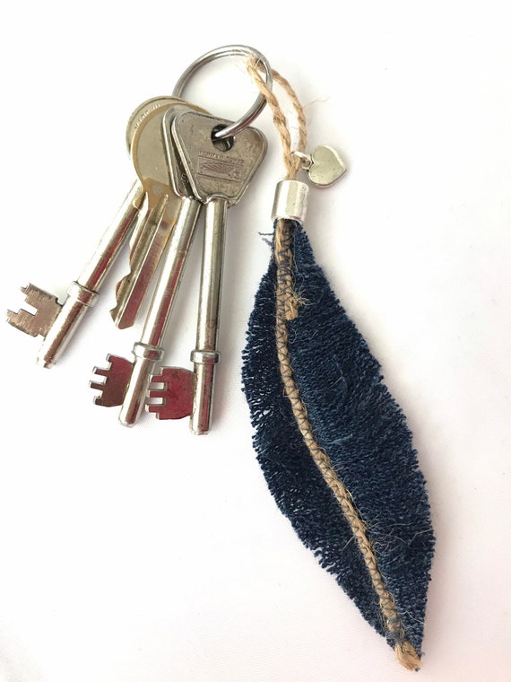 Blue Feather Keyring Key Fob Made From Upcycled Denim Jeans. | Etsy