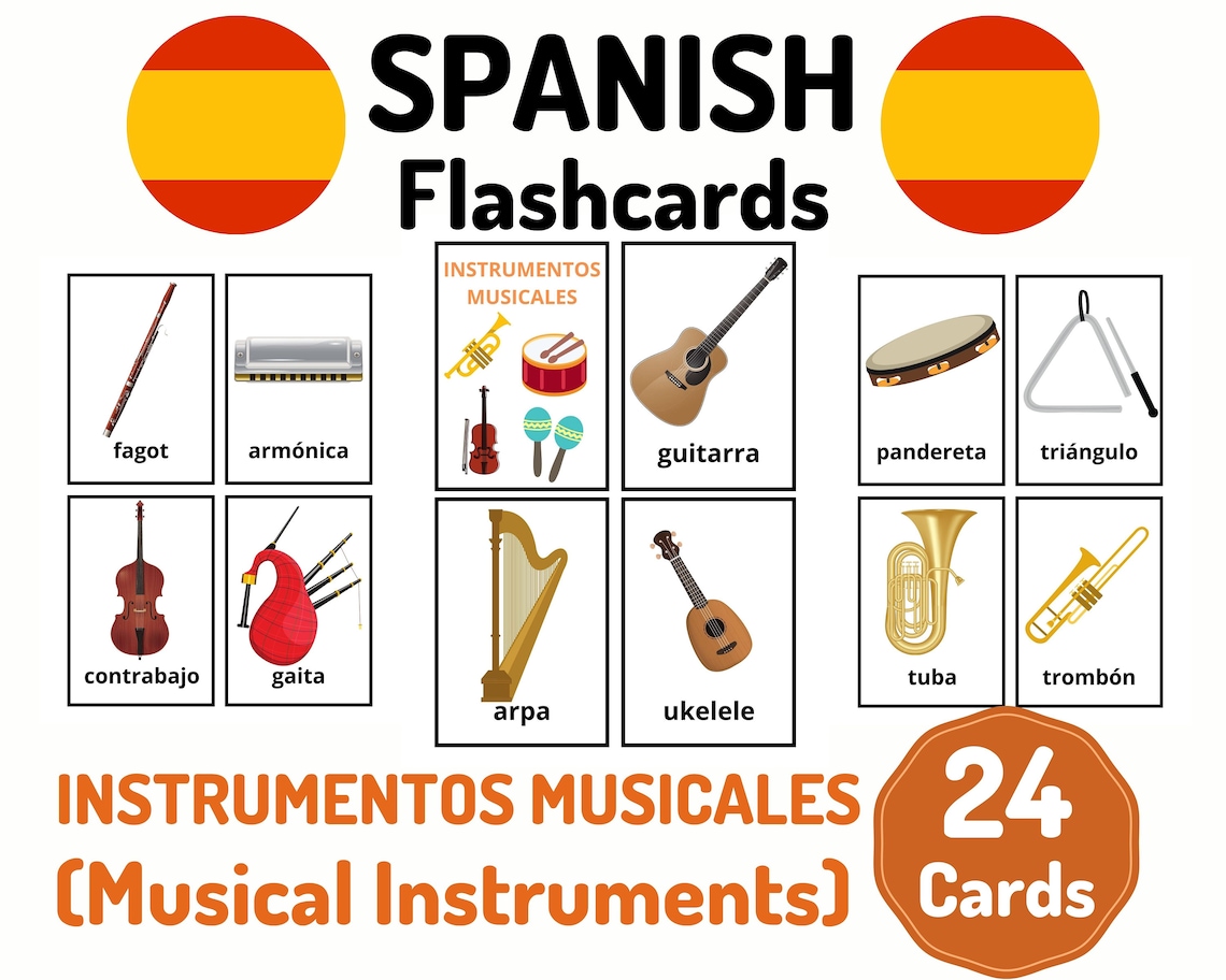 24 Spanish Musical Instruments Vocabulary Flashcards - Learning Spanish ...