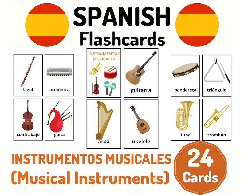 24 Tarjetas didácticas de vocabulario de instrumentos musicales en ...