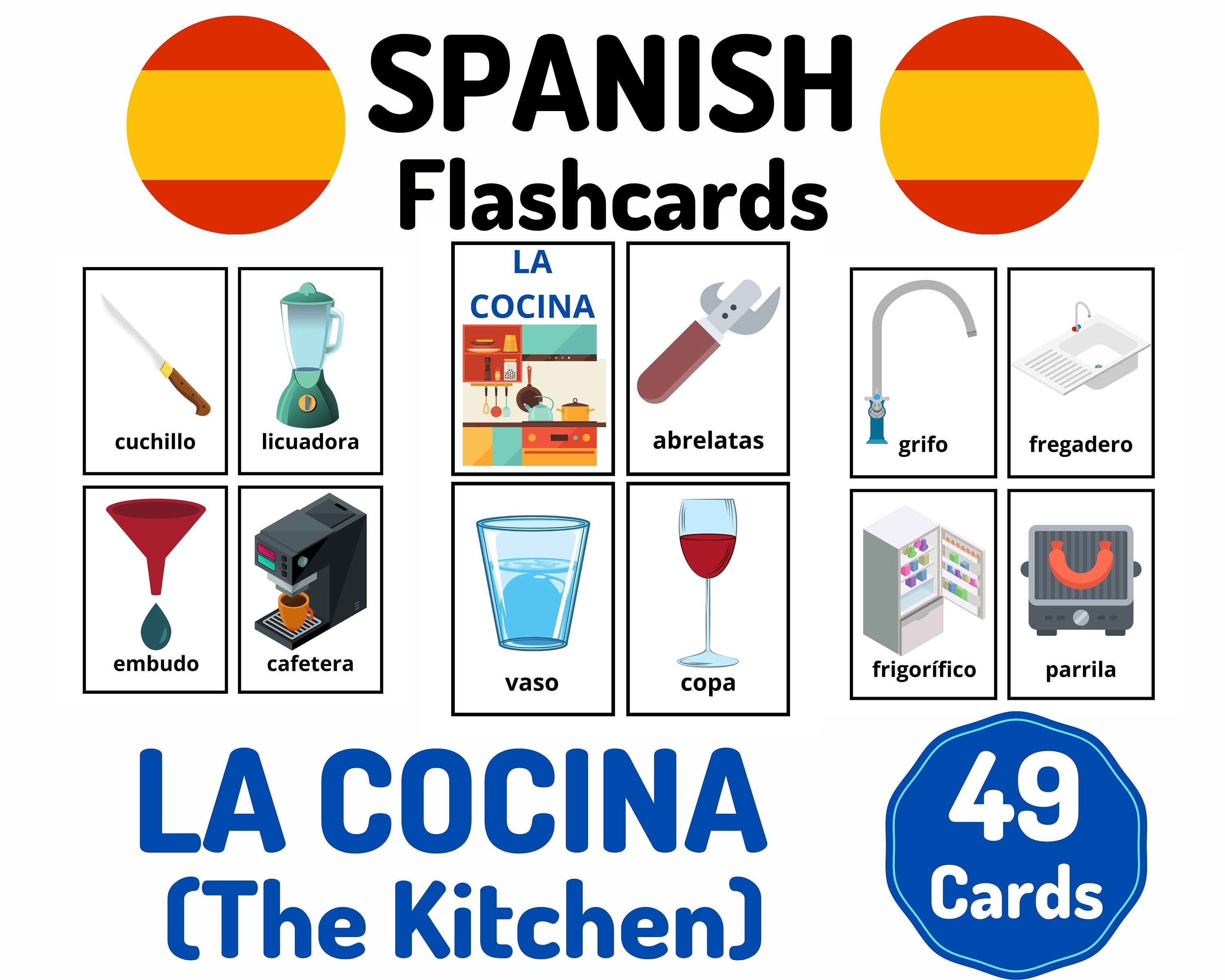 49 Spanish Kitchen Vocabulary Flashcards Learning Spanish Homeschool ...