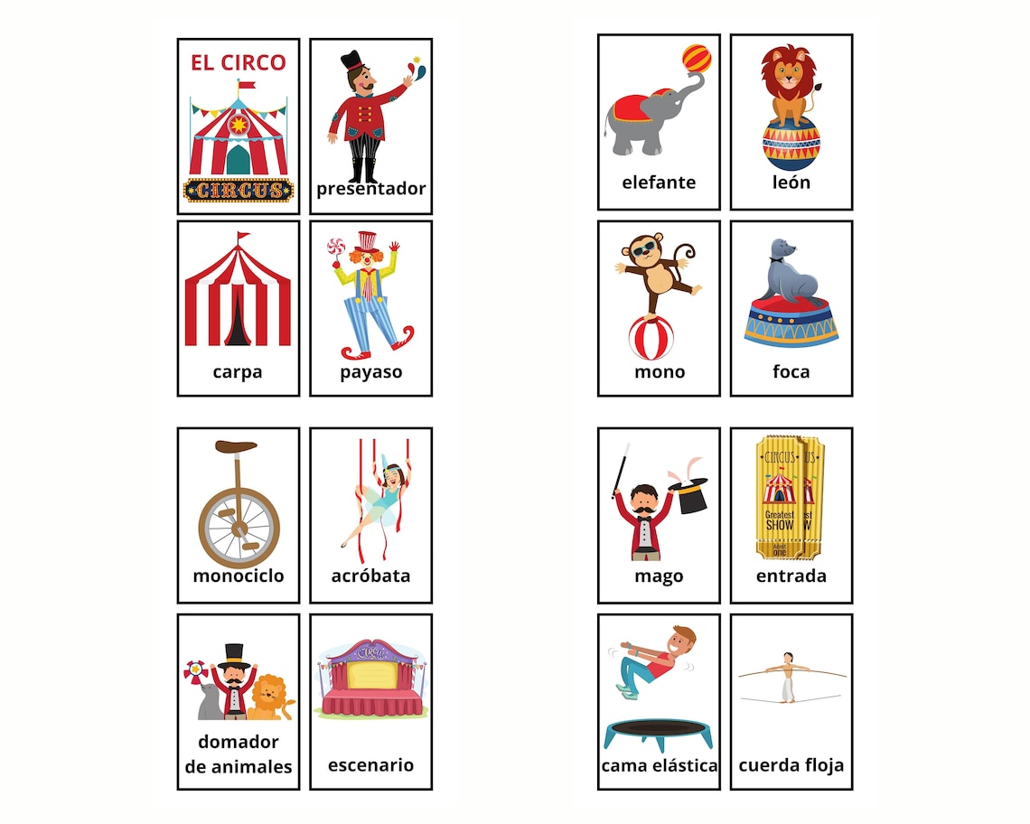 30 Spanish Circus Vocabulary Flashcards - Learning Spanish - Homeschool ...