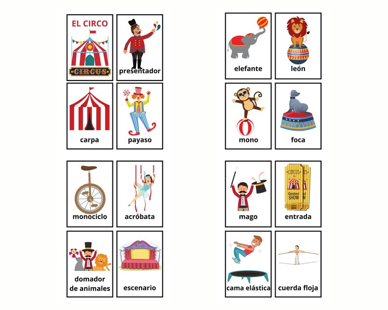 30 Spanish Circus Vocabulary Flashcards - Learning Spanish - Homeschool ...