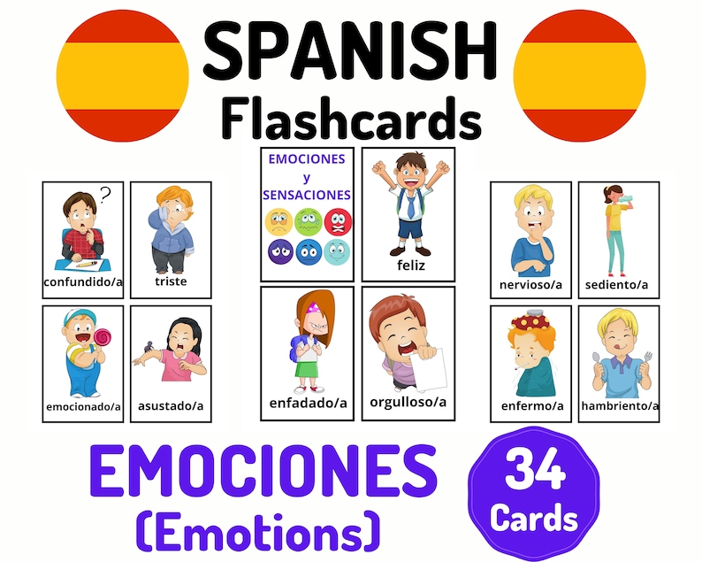 34 Tarjetas didácticas de vocabulario de emociones en español ...