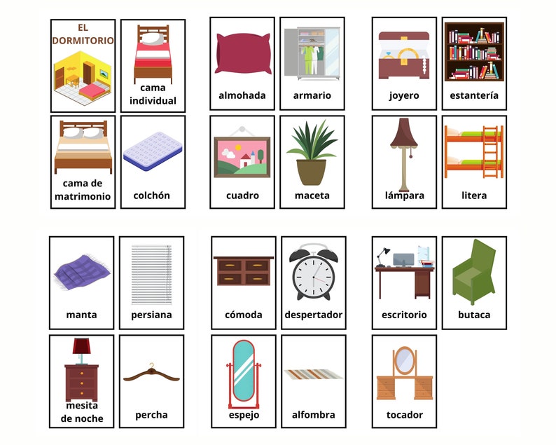 22 Tarjetas didácticas de vocabulario para el dormitorio en español ...
