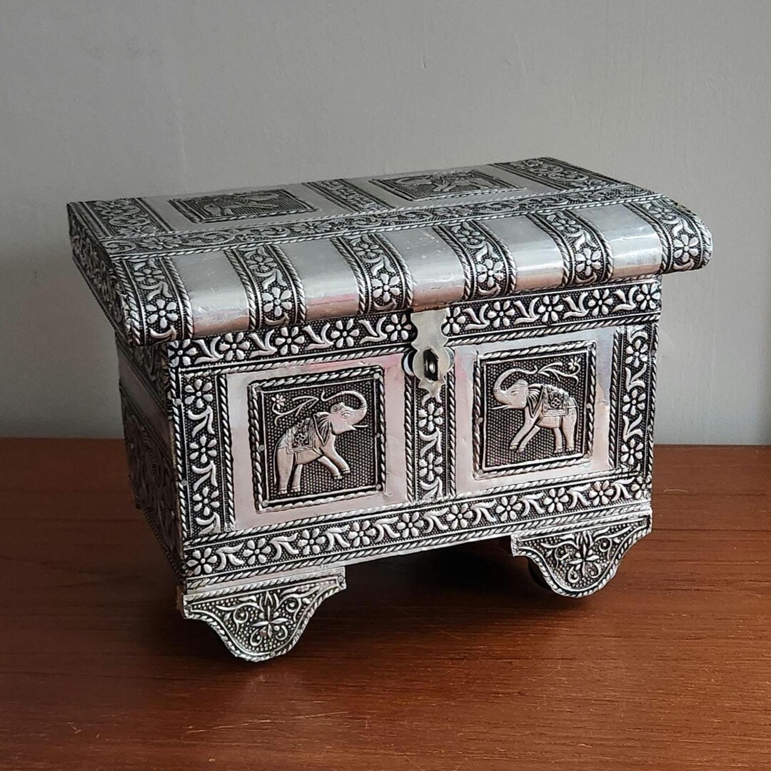 Embossed Silver Elephant Jewelry Box | Vintage Indian Chest - Etsy