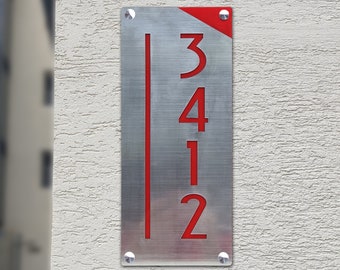 Modern House Numbers, Red Acrylic Board With Silver Laser Numbers ...