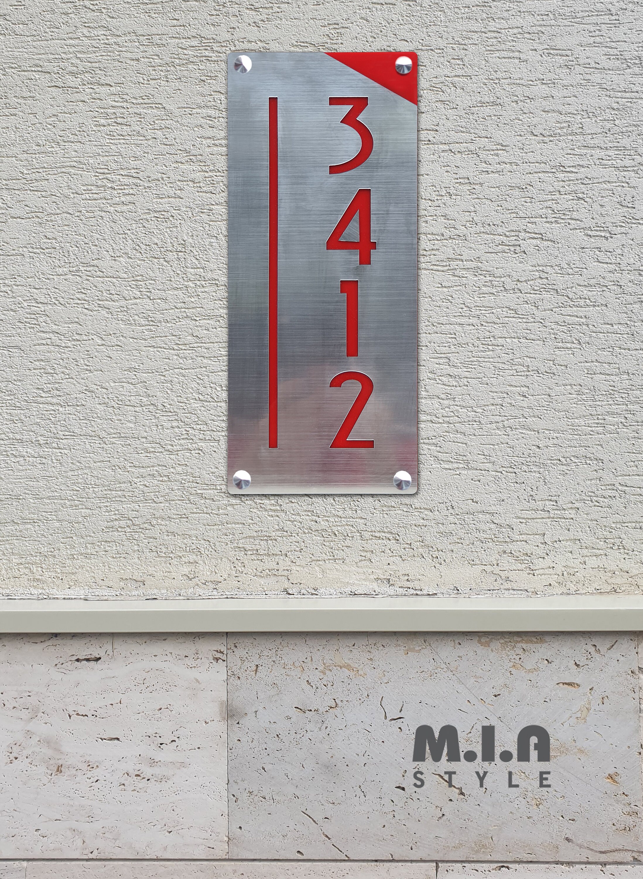 Modern House Numbers, Red Acrylic Board With Silver Laser Plate, Modern ...
