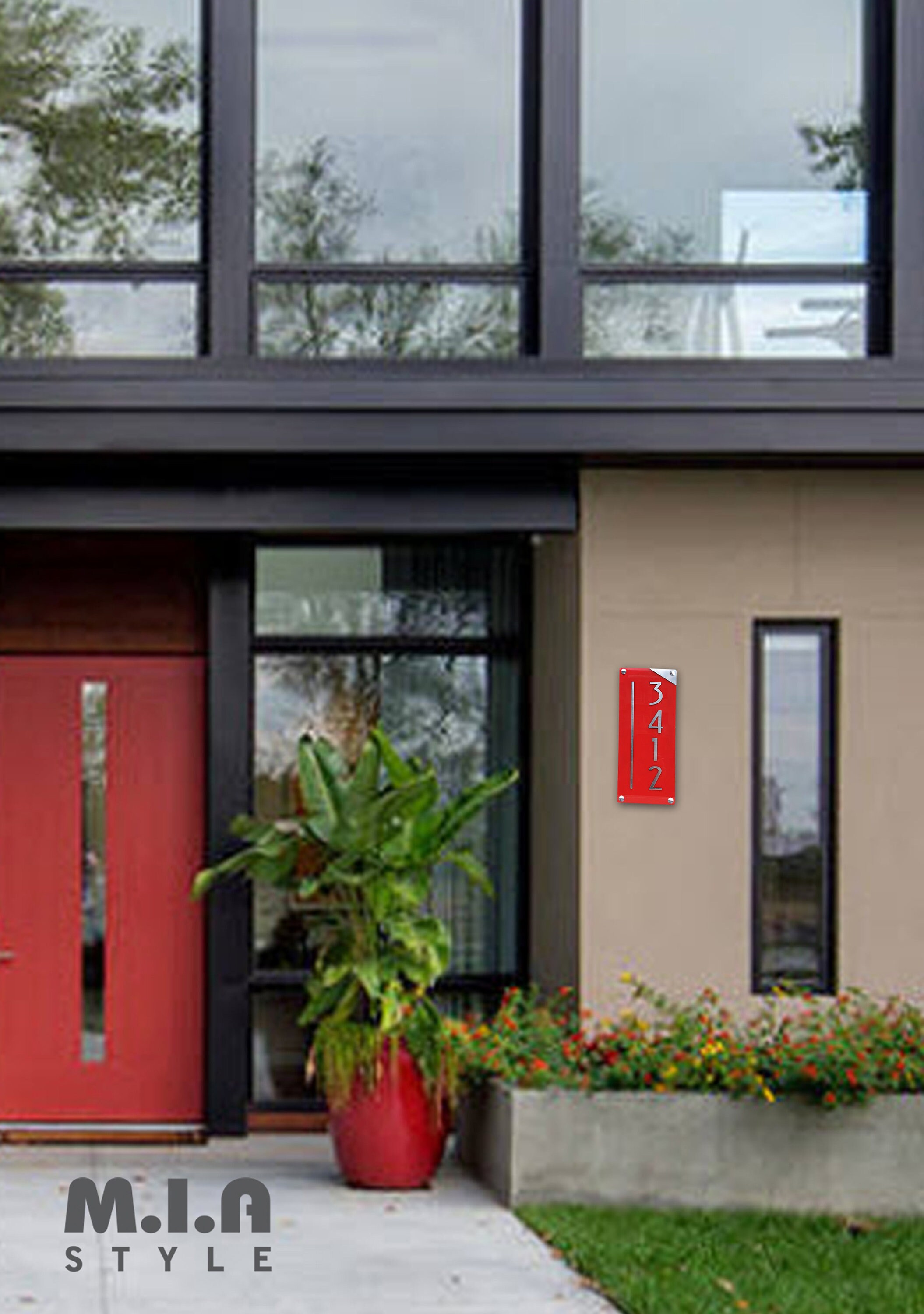 Modern House Numbers, Red Acrylic Board With Silver Laser Numbers ...