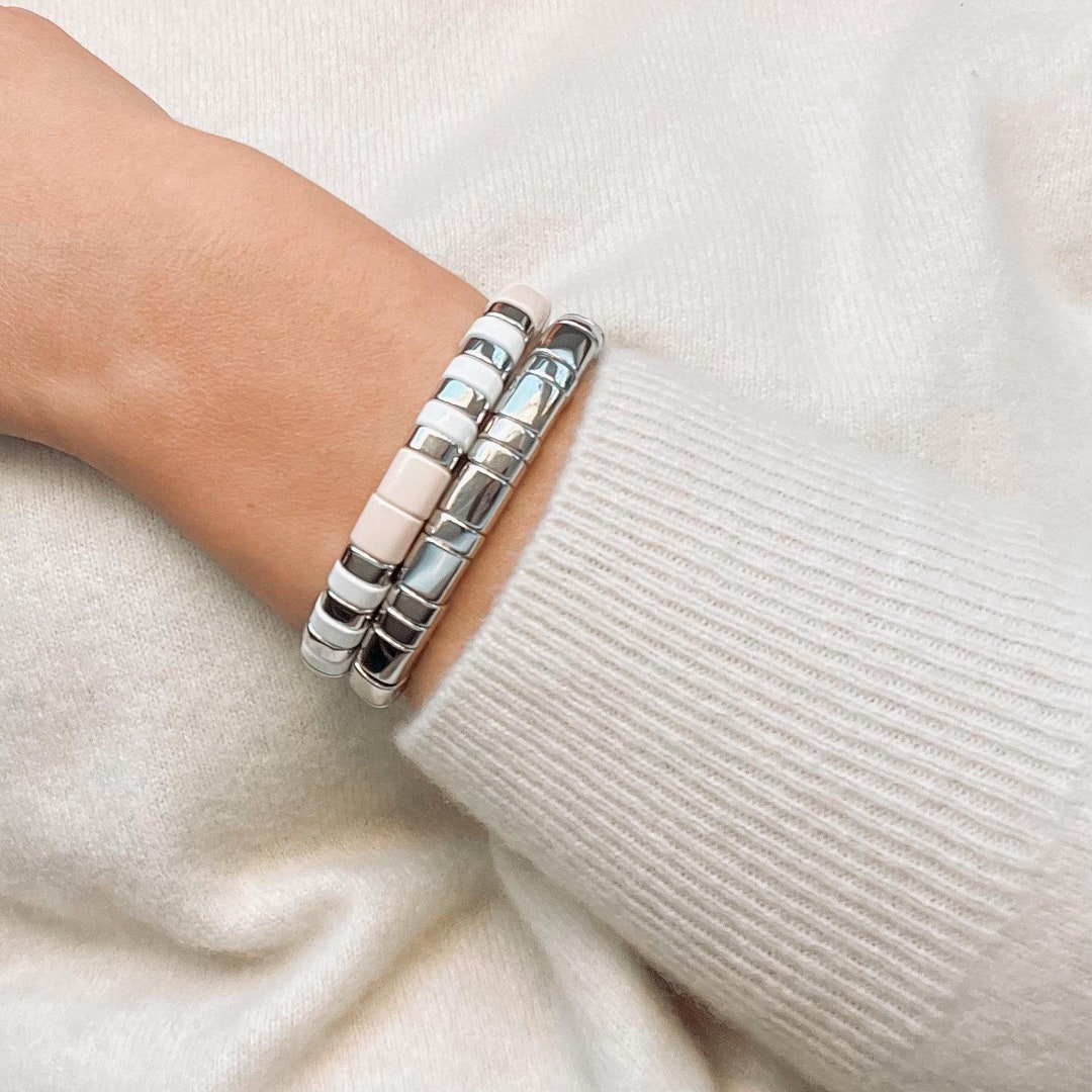Cream and Silver Stretch Tile Bracelet // Elasticated Enamel Bracelet ...