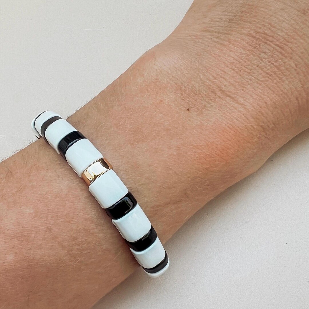 Black and White Enamel Tile Bracelet // Elasticated, Stretch Tile ...