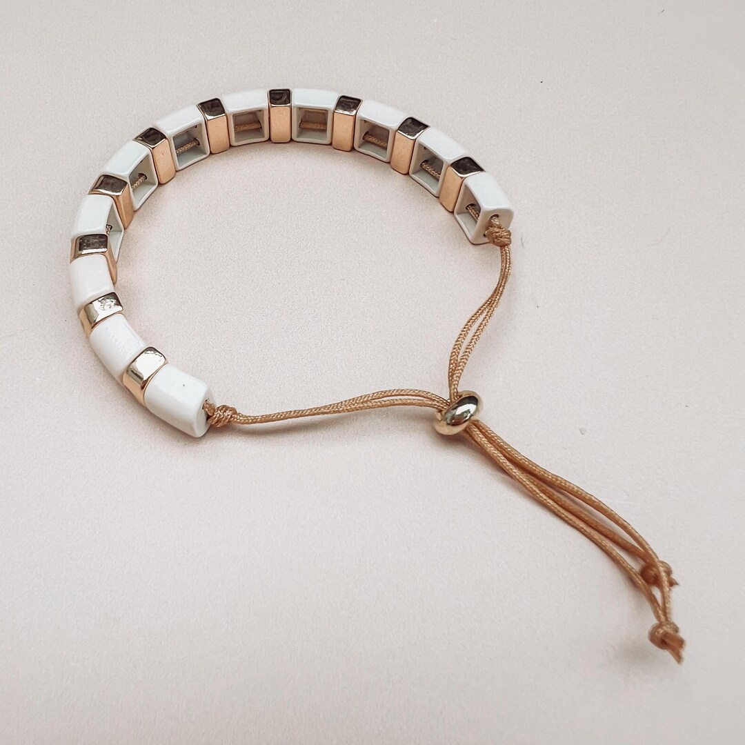 Cream and Gold Enamel Tile Bracelet // Toggle Tile Bracelet, Slider ...