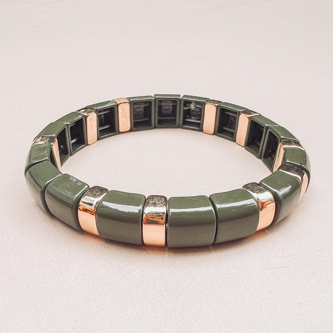 Green and Gold Enamel Tile Bracelet // Elasticated, Stretch Tile ...
