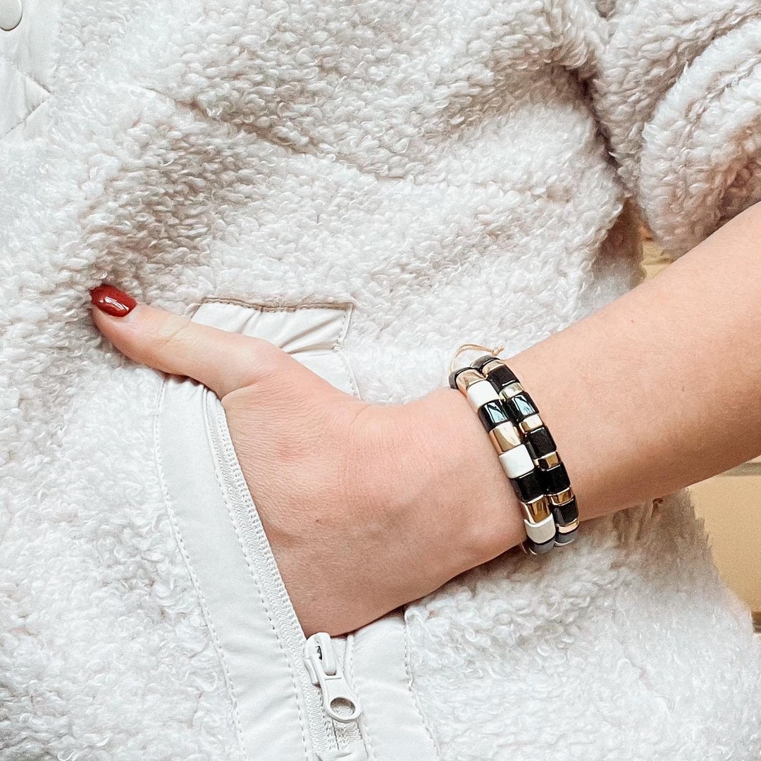 Black and Gold Enamel Tile Bracelet // Elasticated, Stretch Tile ...