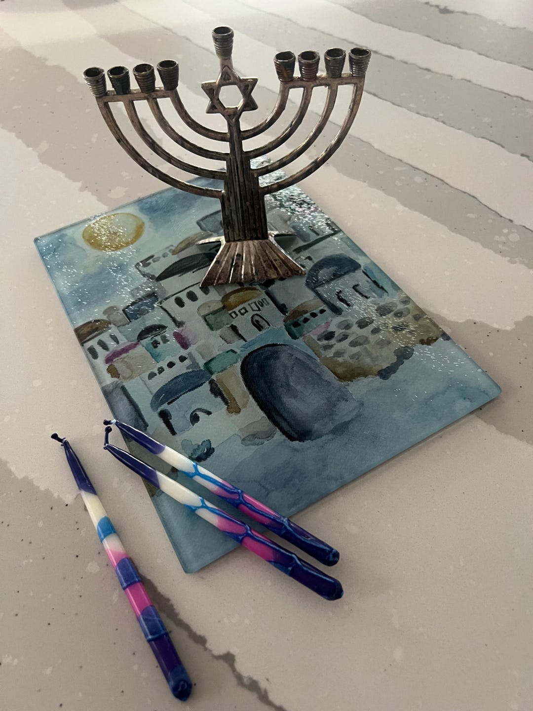 Hanukkah Menorah Drip Tray, Jerusalem Watercolor Art, Tempered Glass - Etsy