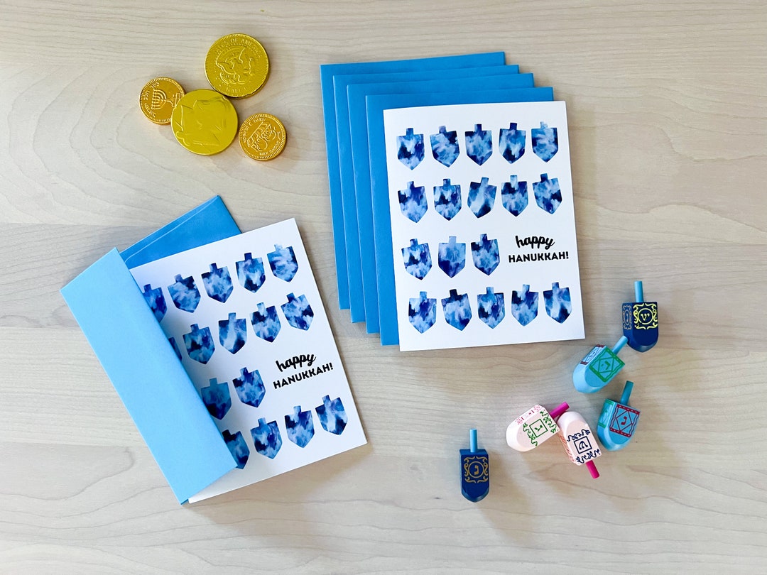 Hanukkah Greeting Card Pack: Blue Dreidels {stationary Card Set, Folded ...