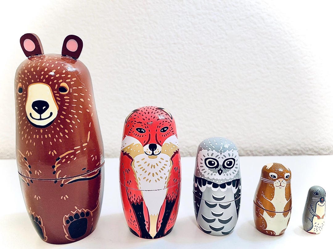 Brown Bear, Fox, Owl, Hare, and Mole Wooden Nesting Dolls Matryoshka ...