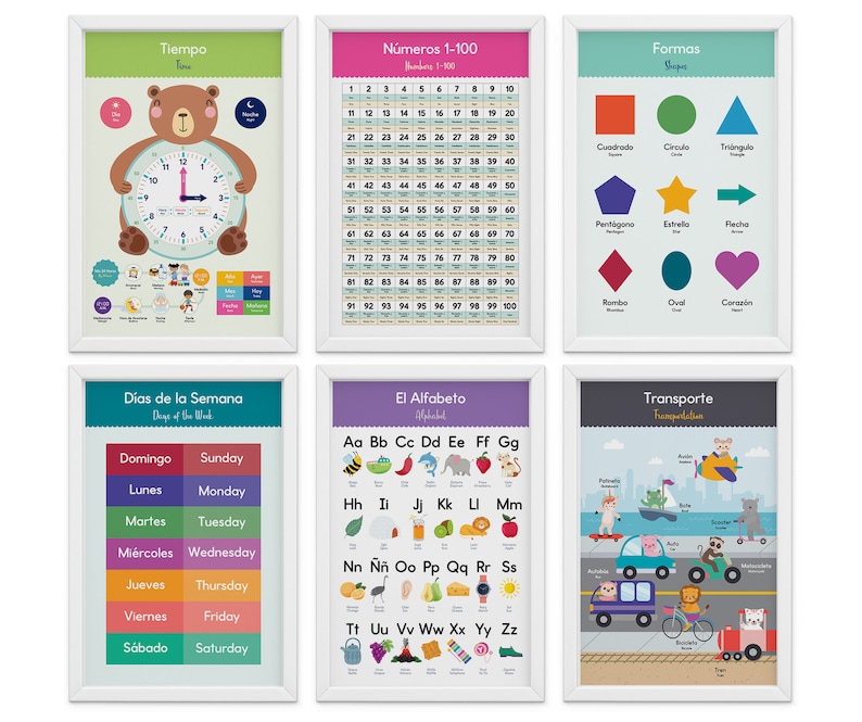Printable SET of 18 Educational Spanish Bilingual Posters for Kids ...