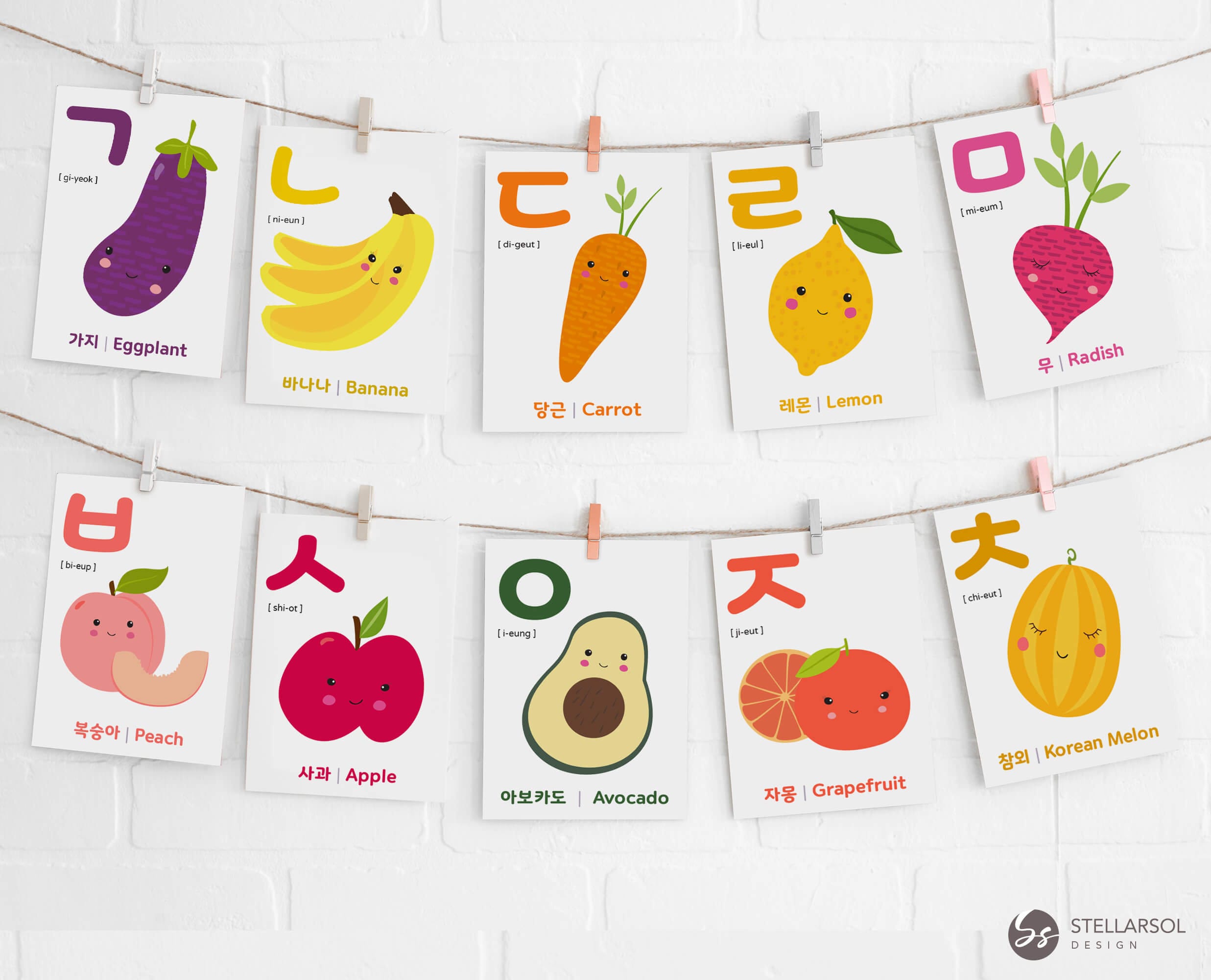 Printable Korean Fruit+vegetable Flashcards Bundle | Korean Hangul 한글 ...