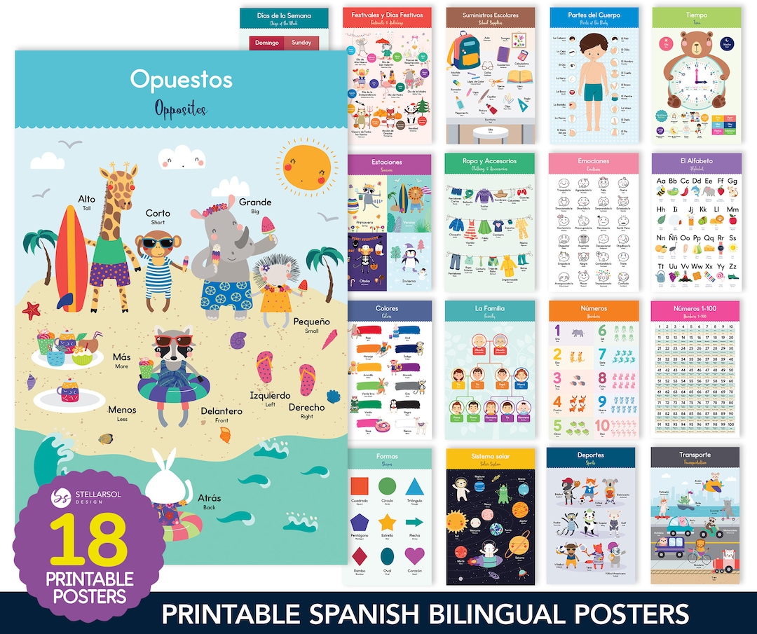 Printable SET of 18 Educational Spanish Bilingual Posters for Kids ...