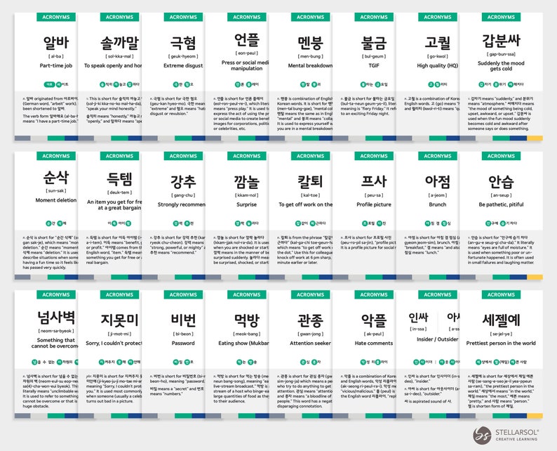 PRINTED Korean Slang Flashcards Hangul 110 속어 은어 Essential - Etsy