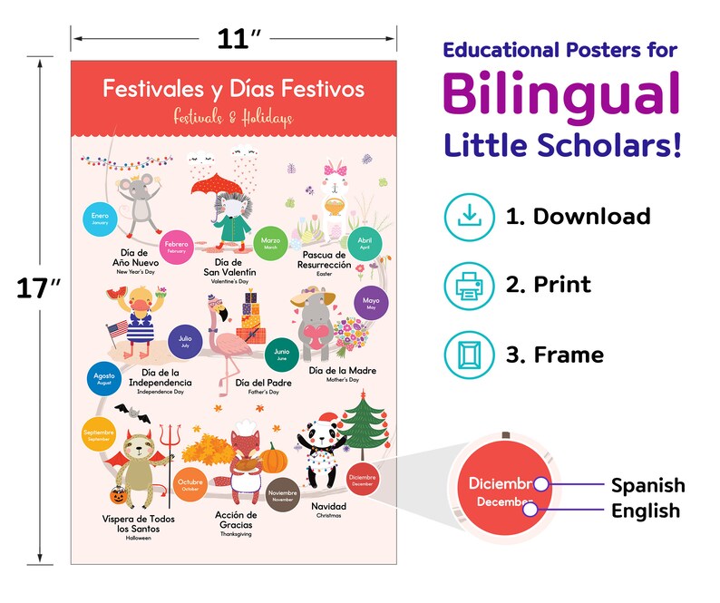 Printable SET of 18 Educational Spanish Bilingual Posters for Kids ...